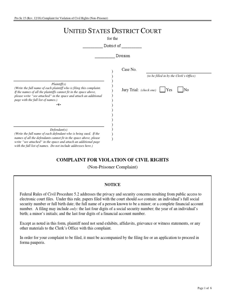 Complaint For Violation of Civil Rights Non-Prisoner | PDF | Complaint ...