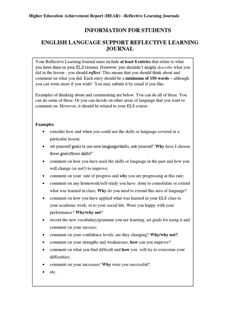 Information For Students English Language Support Reflective Learning ...