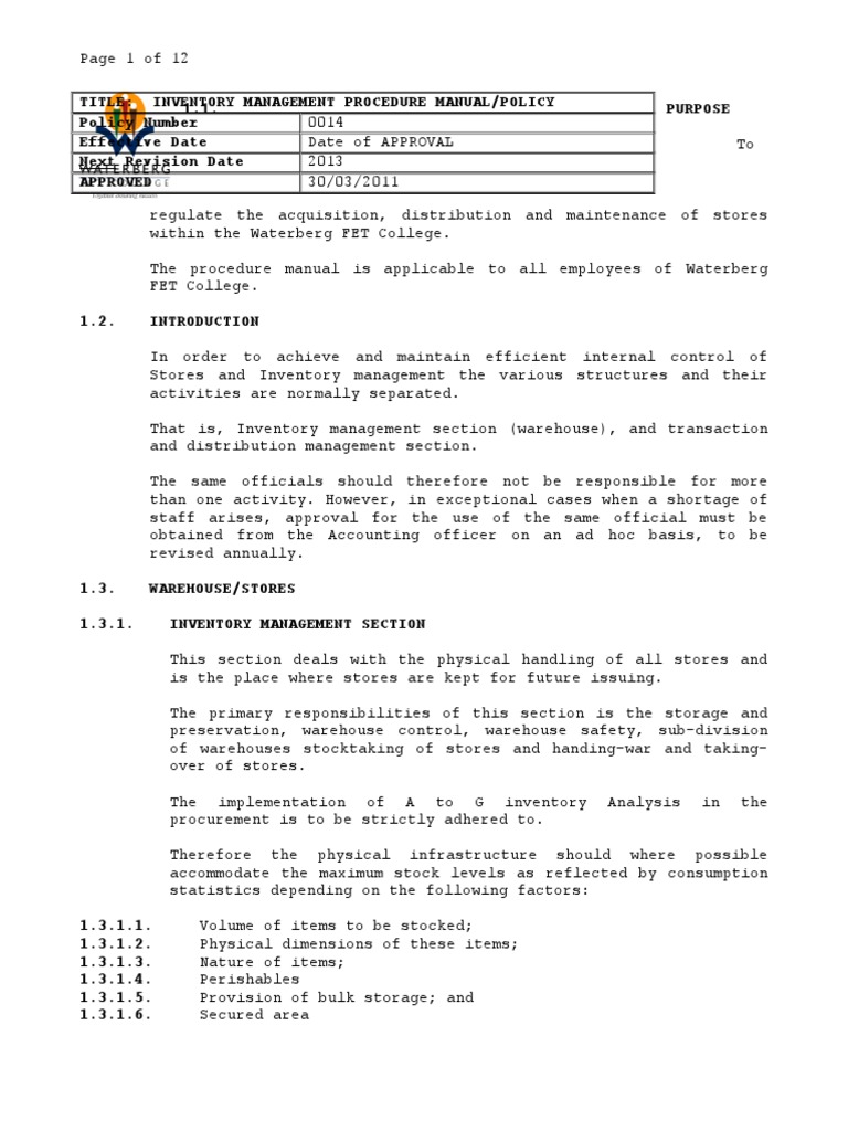 0014 Policy - Inventory Management Procedure Manual APPROVED - 1 | PDF ...