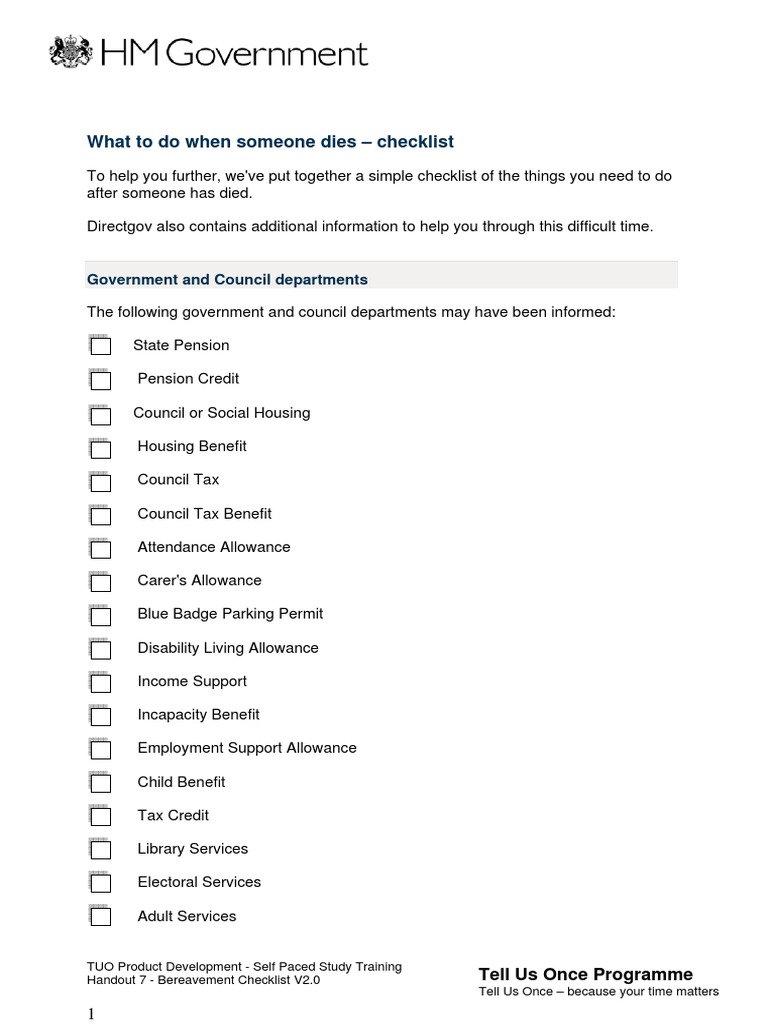 Bereavement Checklist | PDF | Credit (Finance) | Probate