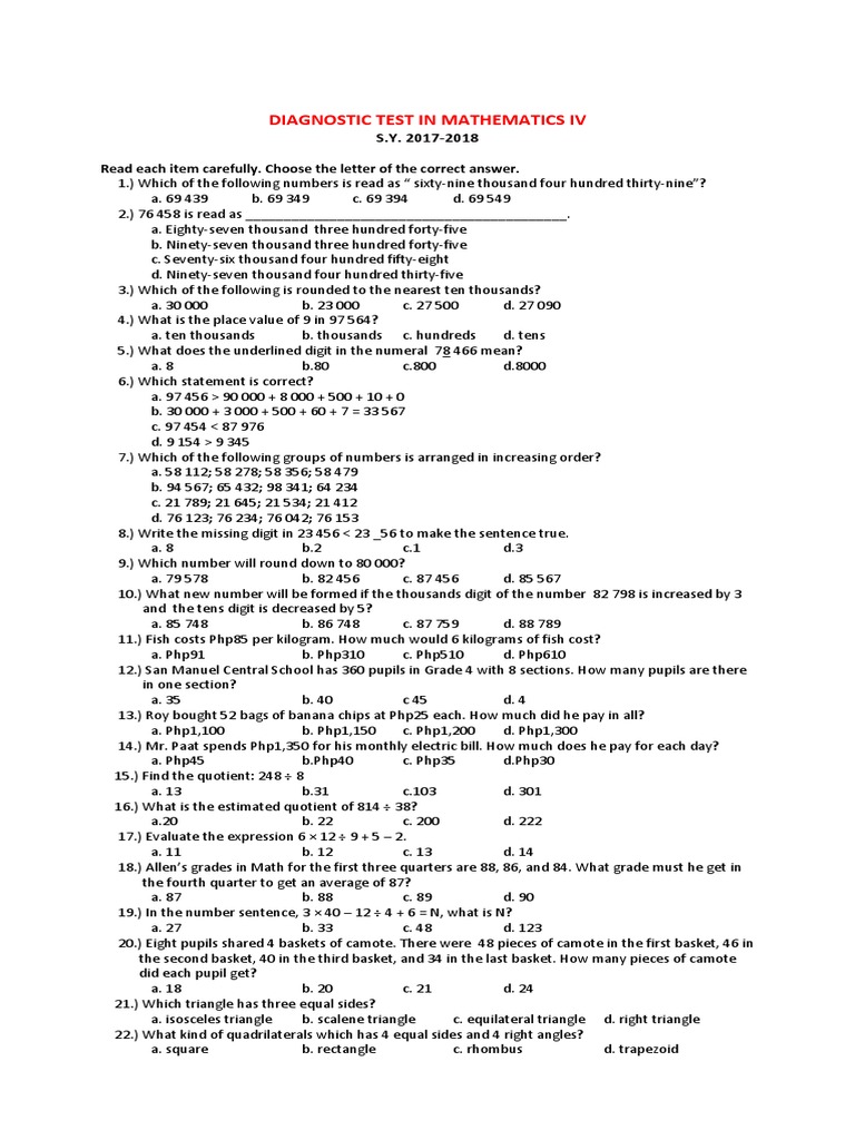 Diagnostic Test in Mathematics IV | PDF | Elementary Mathematics ...