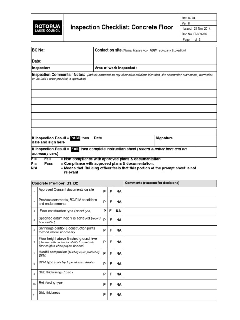 Inspection Checklist: Concrete Floor: Summary Card) | PDF | Concrete ...