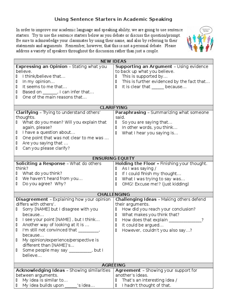 Sentence Starters Debate Notes and Discussion Cards | PDF | Cognition ...