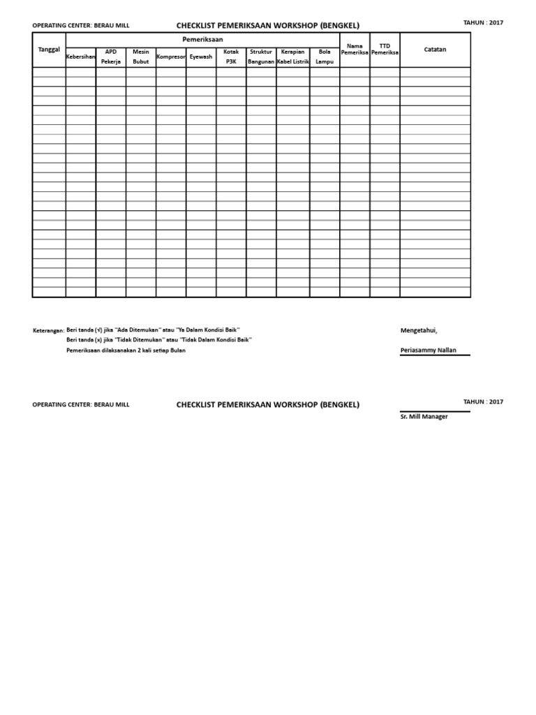 Checklist Pemeriksaan Workshop (Bengkel) | PDF
