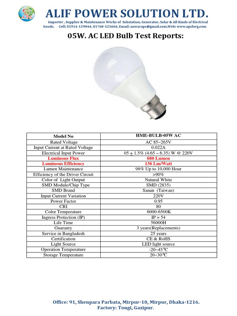 LED Light Product Specifications | PDF | Light Emitting Diode | Watt