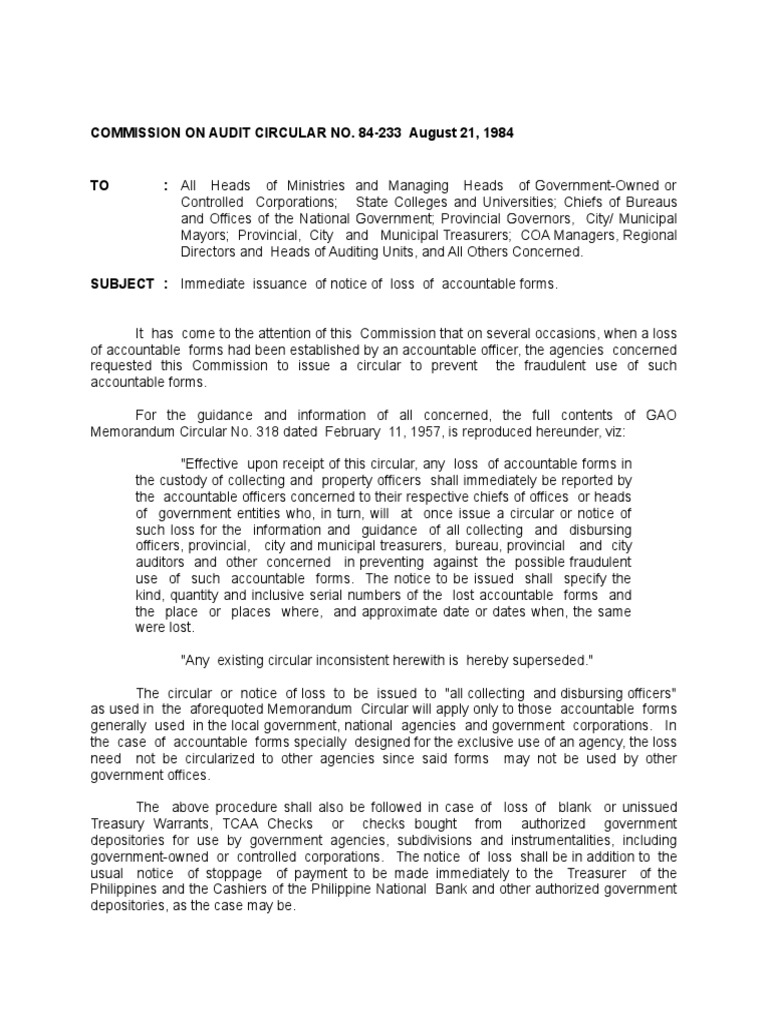 84-233 Immediate Issuance of Notice of Loss of Accountable Forms | PDF ...