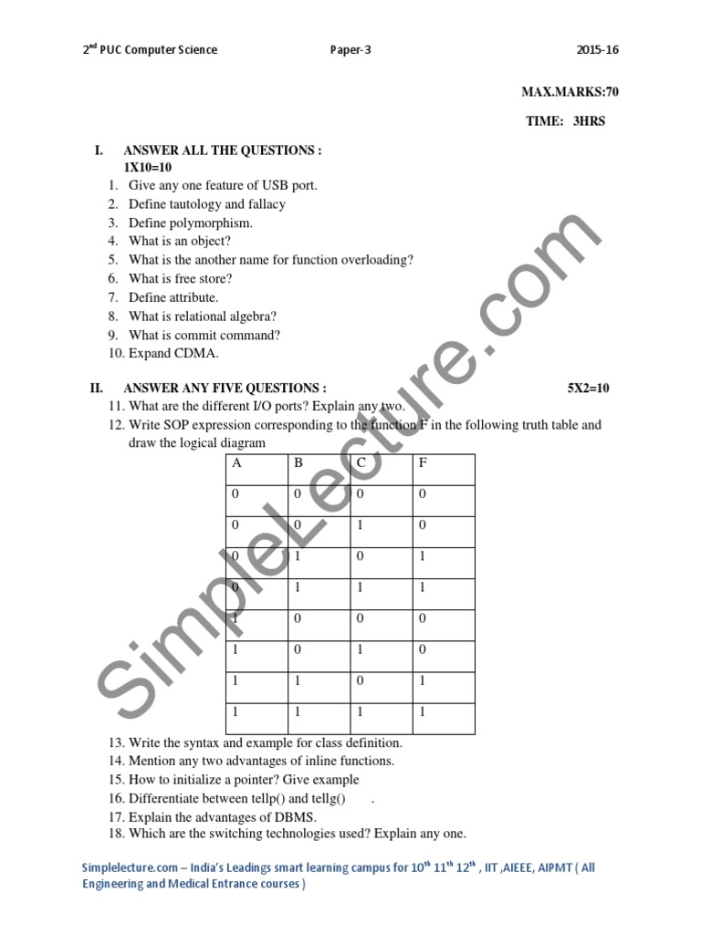 2nd Puc Computer Science Paper 3 Pointer Computer Programming Computer Data