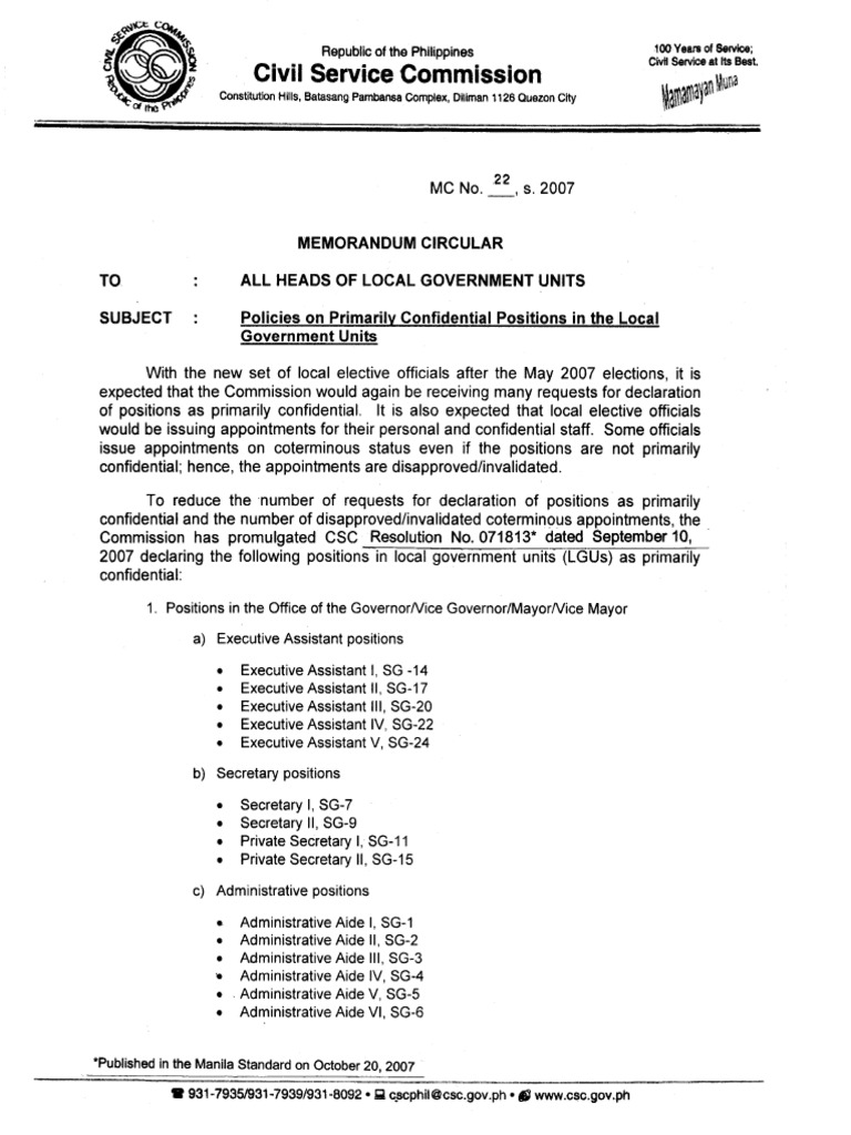 CSC MC No. 22 S 2007 | PDF
