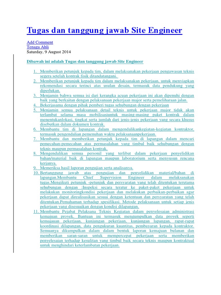 Tugas Dan Tanggung Jawab Site Engineer | PDF