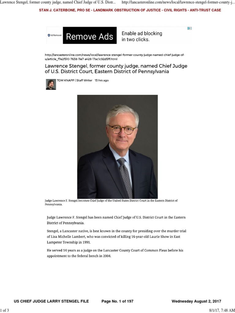 LETTER TO JUDGE LAWRENCE STENGEL Chief Judge of U.S. District Court, Eastern District of ...