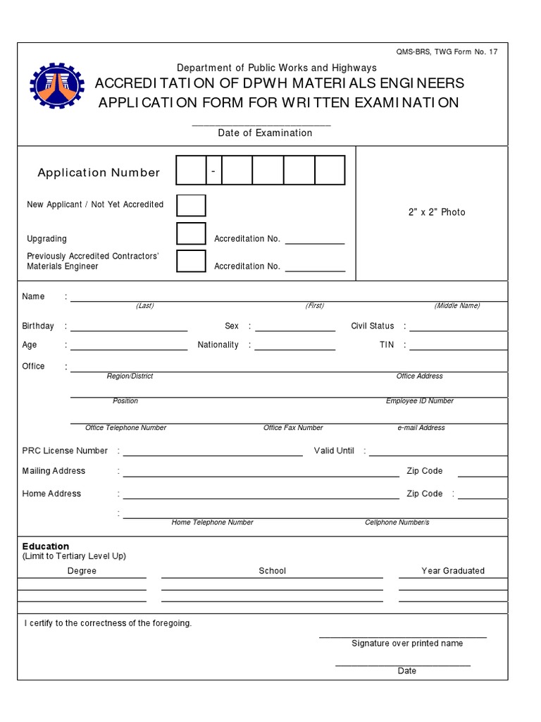 Application Form For Written Exam For DPWH Me Accreditation PDF | PDF | Identity Document | Engineer