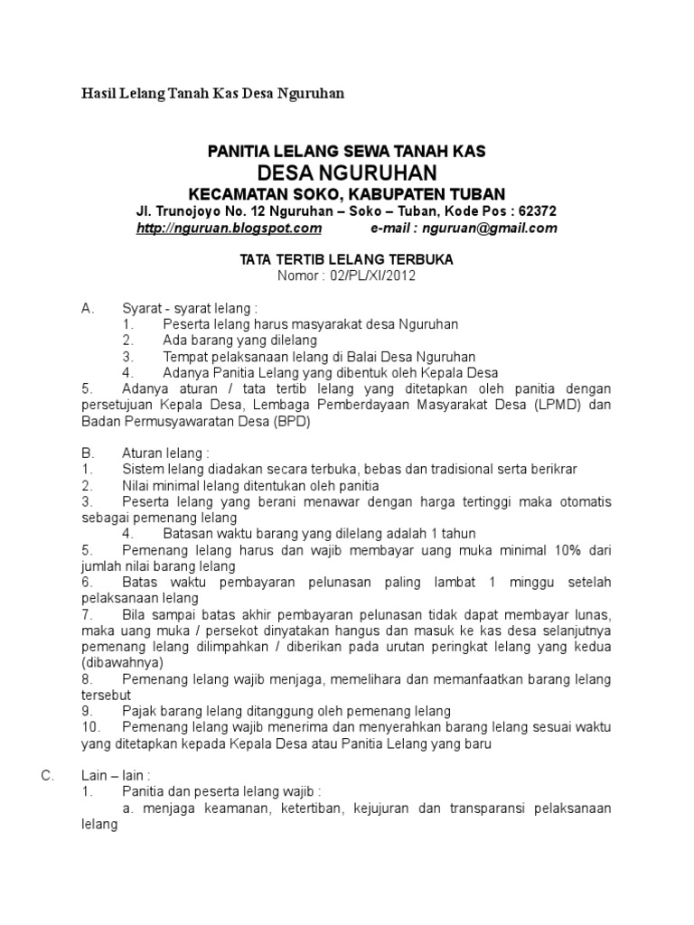 Berita Acara Hasil Lelang Tanah Kas Desa Nguruhan | PDF