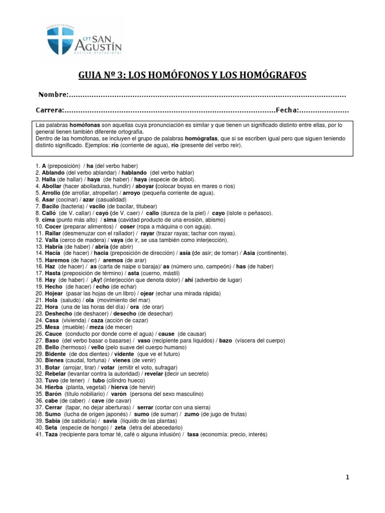 GUIA DE TRABAJO N°3 40 Homófonos | PDF | Lingüística | Naturaleza