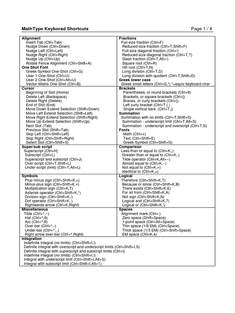 MathType Shortcuts PDF | PDF | Bracket | Greek Alphabet