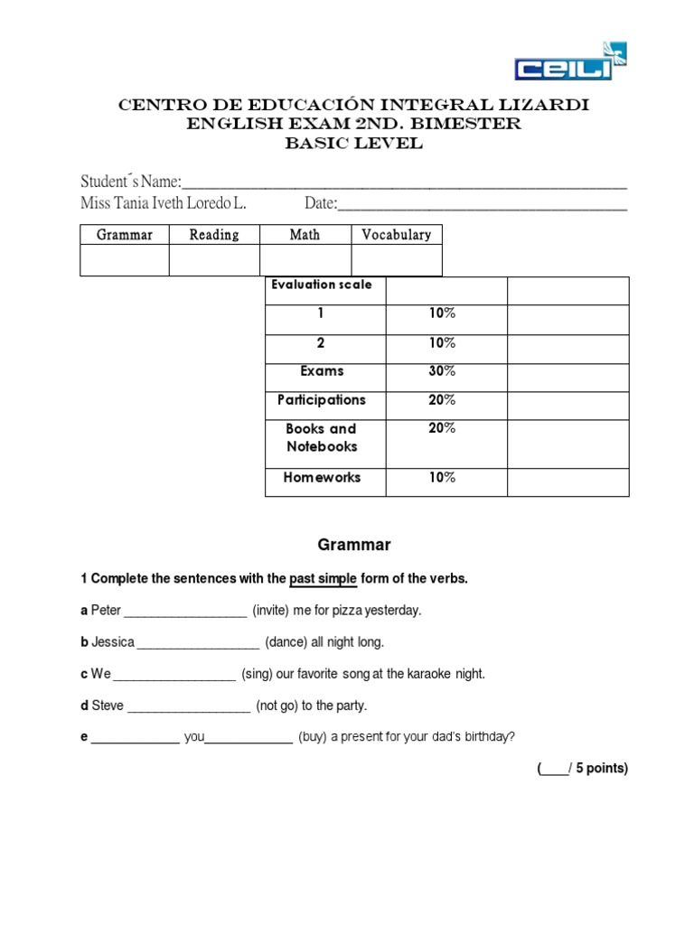 English Exam 2nd Bimester Basics | PDF | Languages | Leisure