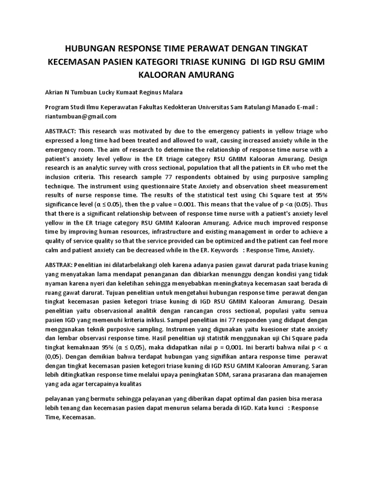Hubungan Response Time Perawat Dengan Tingkat Kecemasan Pasien Kategori ...