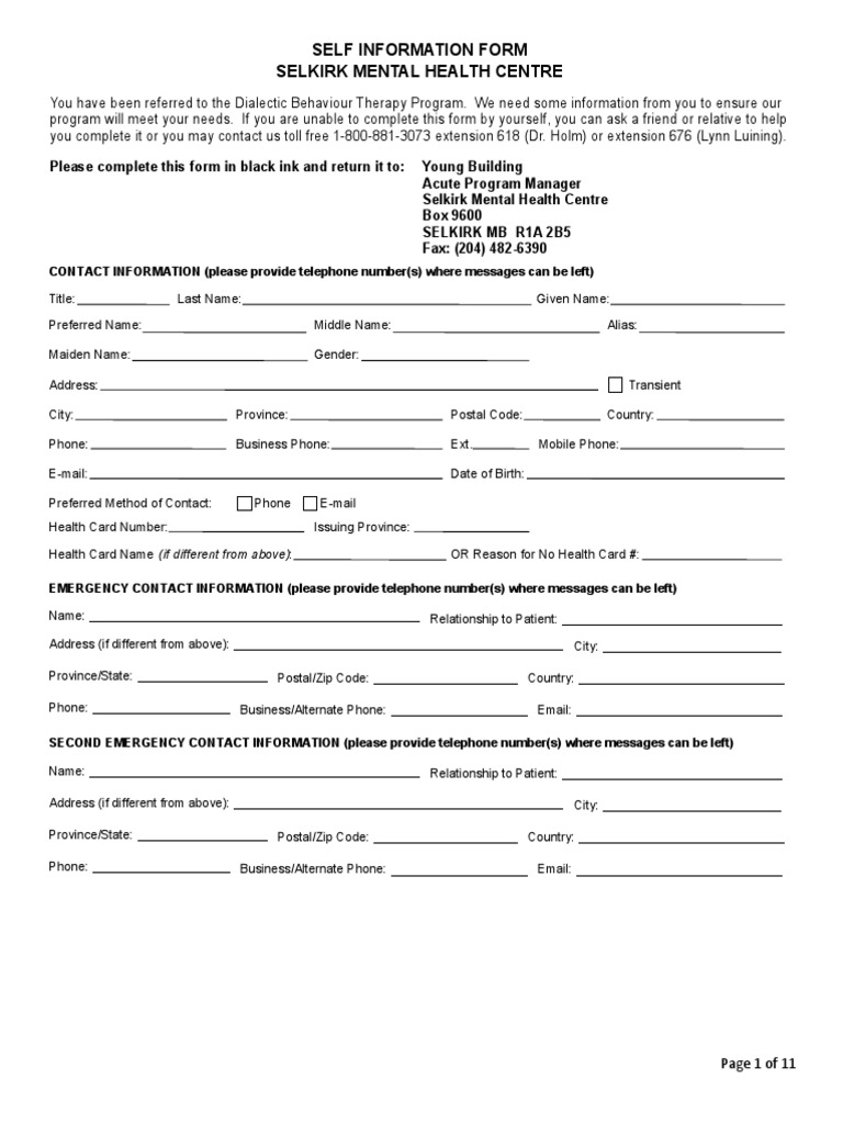 Self Information Form Selkirk Mental Health Centre | PDF | Patient | Email