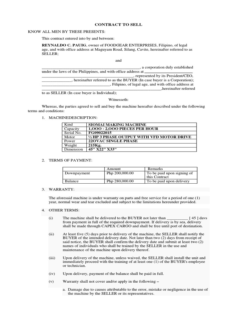 CONTRACT TO SELL Sample.docx | Law Of Obligations | Justice