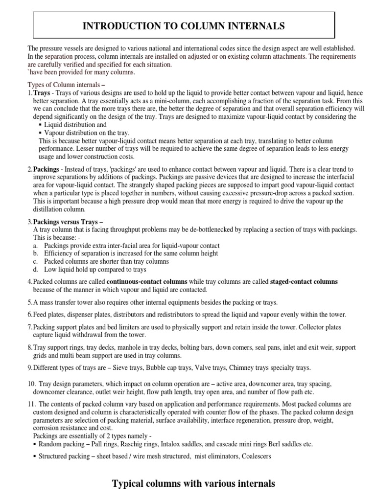 Introduction To Column Internals | PDF | Distillation | Chemical Engineering