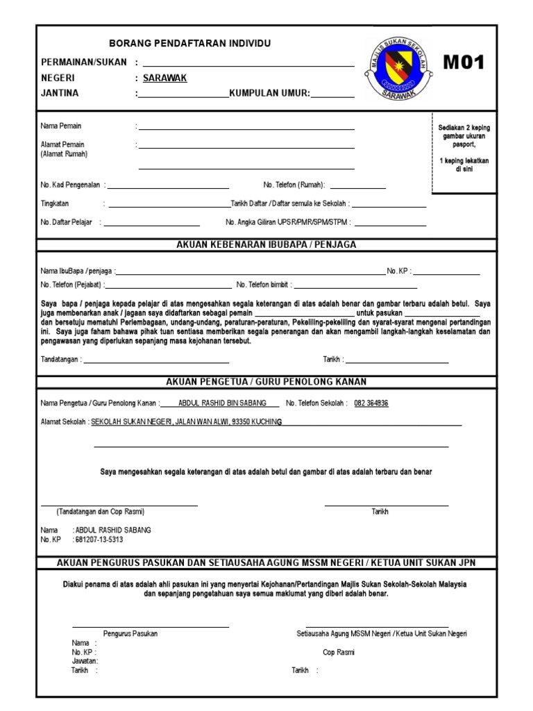 BORANG PENDAFTARAN INDIVIDU M01 MSS SWK | PDF
