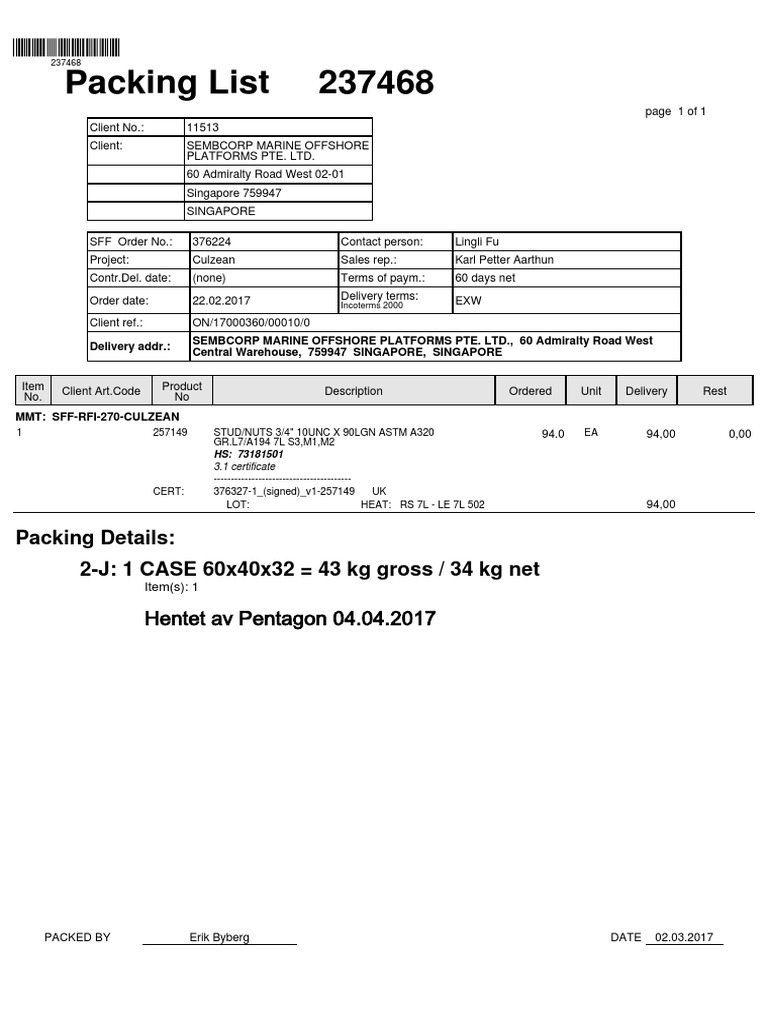 Offshore Packing List for Culzean Project | PDF | Metals | Metallurgy