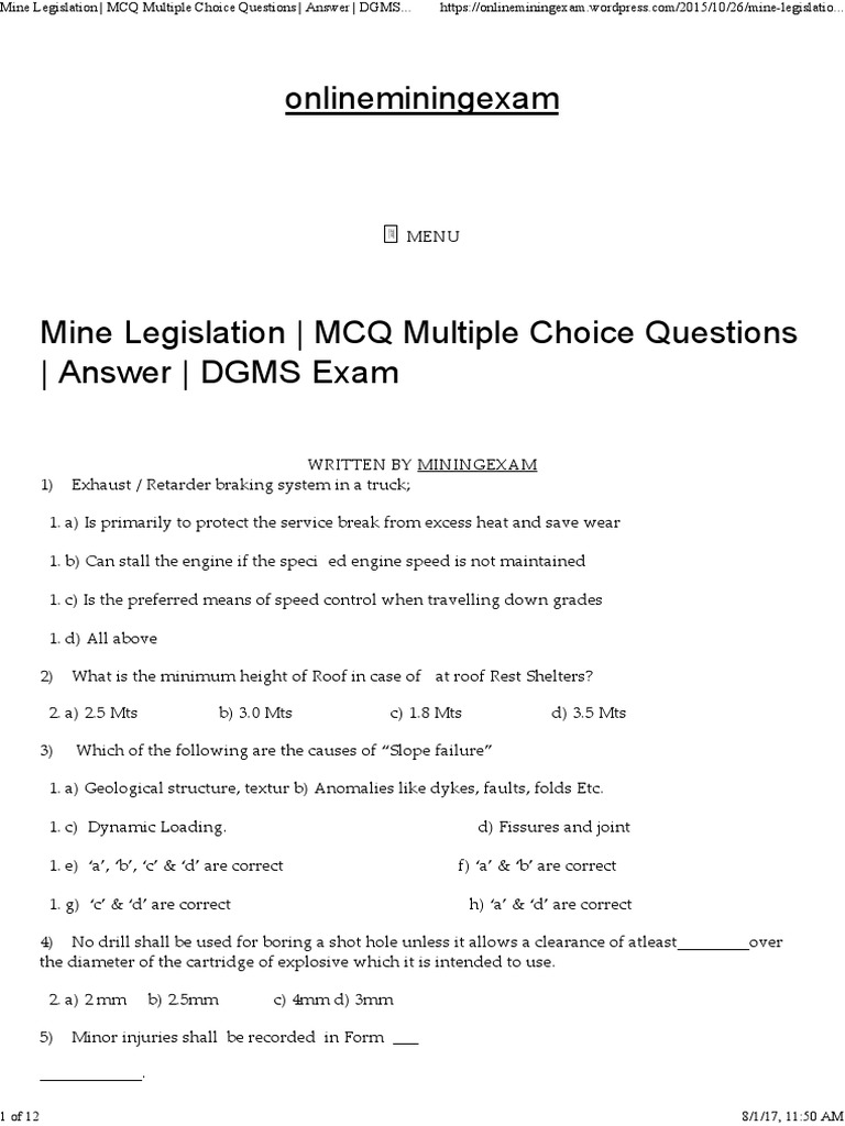 Mine Legislation - MCQ Multiple Choice Questions - Answer - DGMS Exam ...