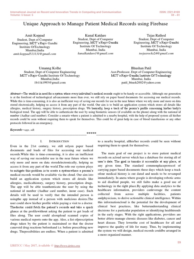 Unique Approach To Manage Patient Medical Records Using Firebase | Download Free PDF | Databases ...