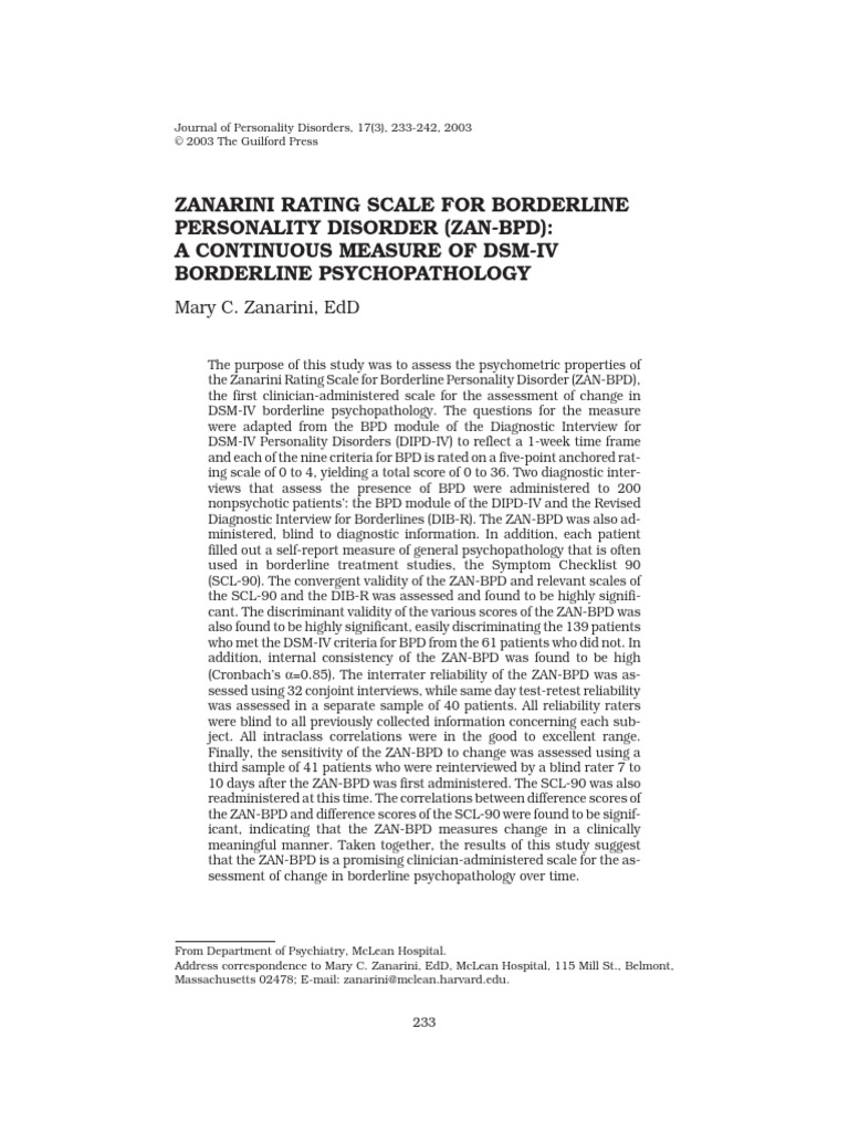 ZANARINI RATING SCALE FOR BORDERLINE Zanarini2003 PDF | PDF ...