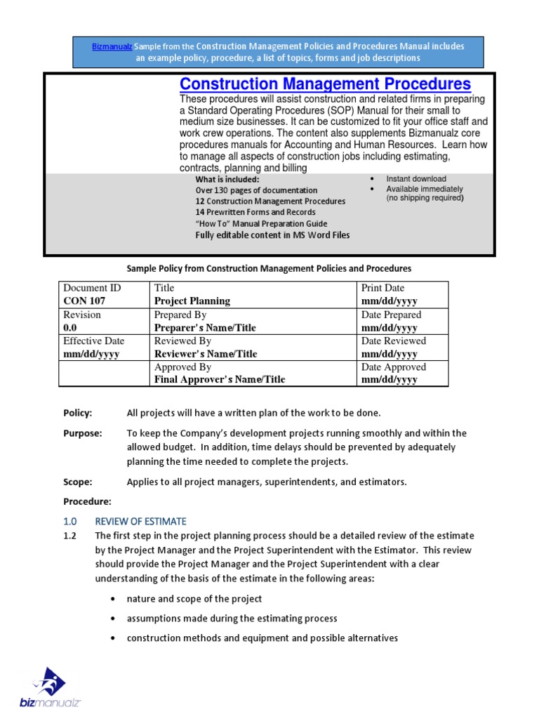 Bizmanualz Construction Management Policies and Procedures Sample | Construction Management ...