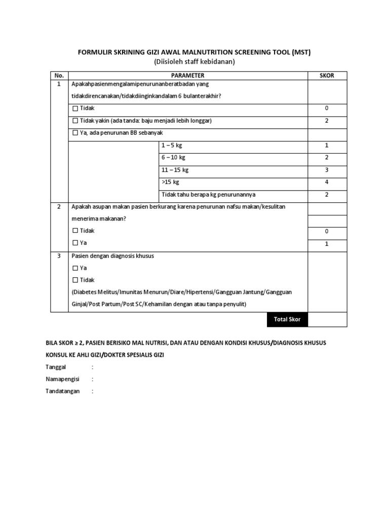 Formulir Skrining Gizi Awal Malnutrition Screening Tool | PDF