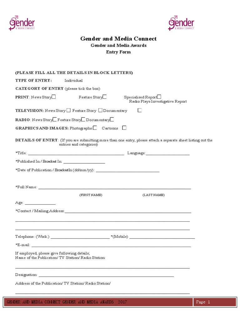 GMC Gender and Media Awards 2017 Entry Form | PDF | News | Television