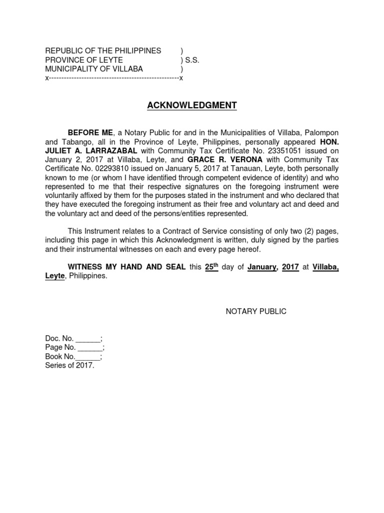 Notarized Acknowledgment Sample Philippines | PDF