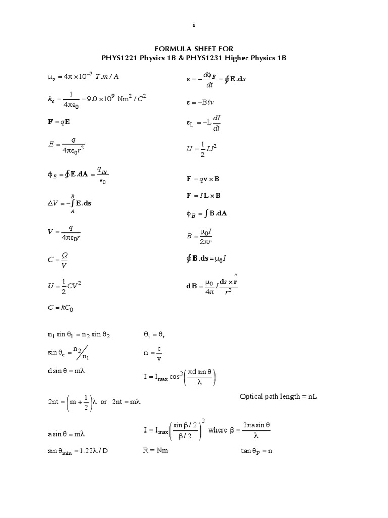 Phys1231 Formula Sheet 2 | PDF