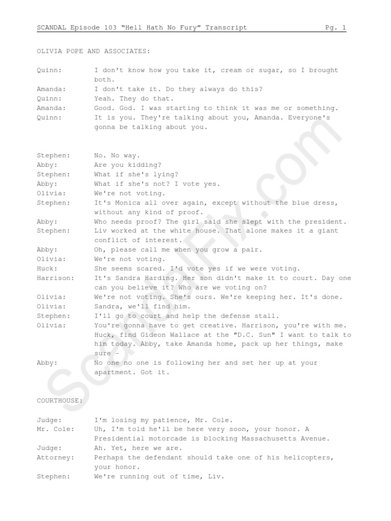 SCANDAL Episode 103 "Hell Hath No Fury" Transcript Pg. 1 | PDF ...