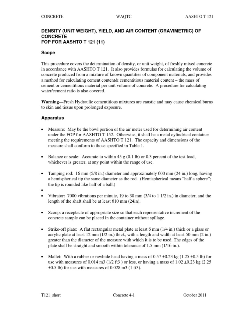 Density, Yield and Air Content of Concrete (AASHTO T121) | PDF | Gallon ...