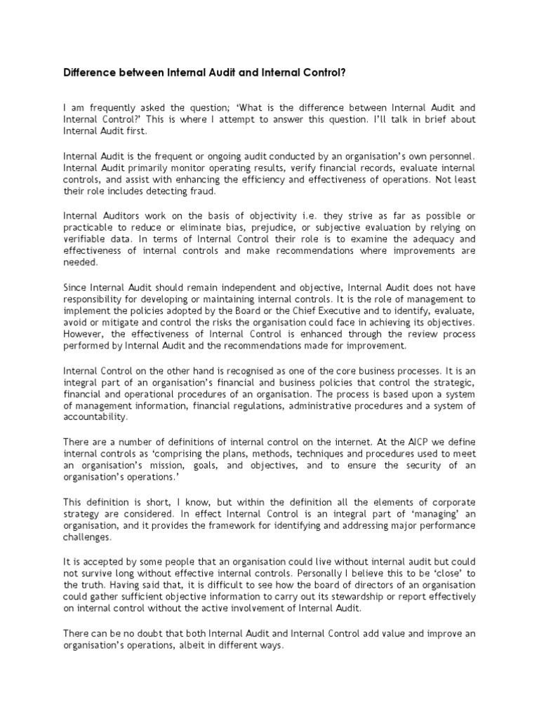 Difference Between Internal Audit and Internal Control | PDF | Internal ...