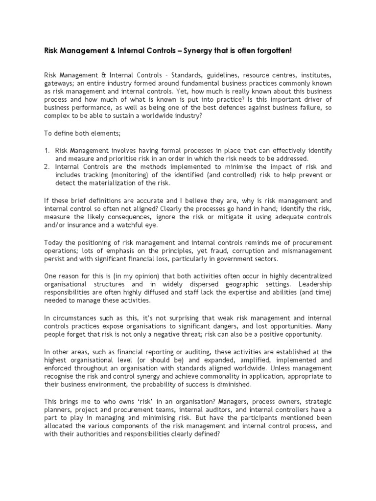 Risk Management & Internal Controls - Synergy That Is Often Forgotten ...