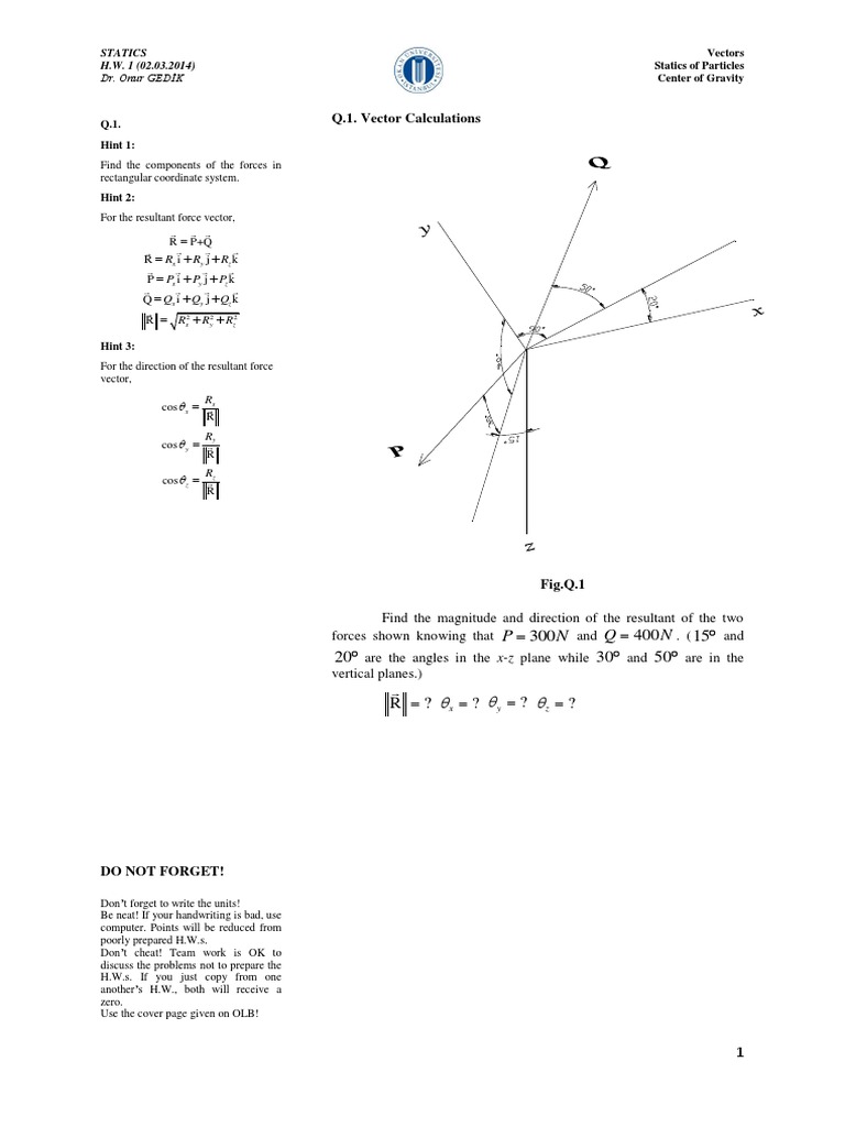 Homework Assignment 1 - Statics and Dynamics Fundamentals with Vectors ... Homework Assignment 1 - Statics and Dynamics Fundamentals with Vectors ...