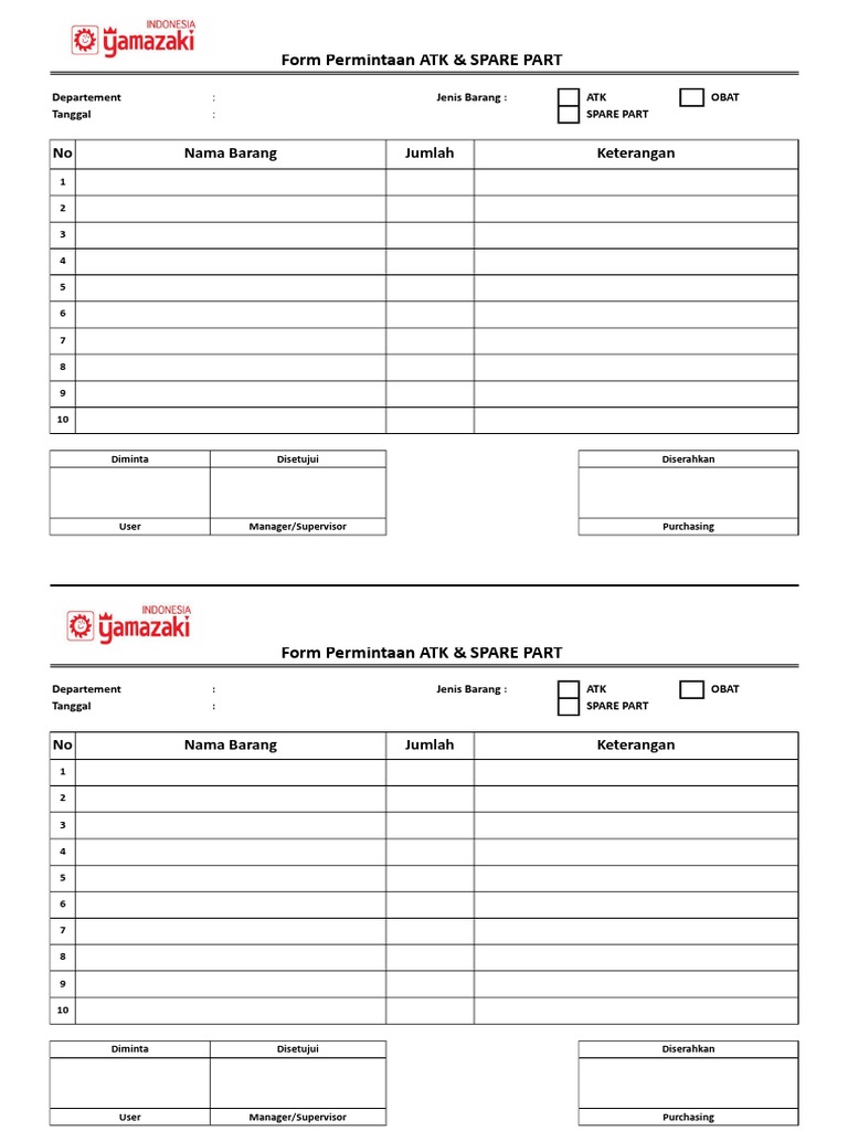 Form Permintaan ATK & SPARE PART: No Nama Barang Jumlah Keterangan | PDF