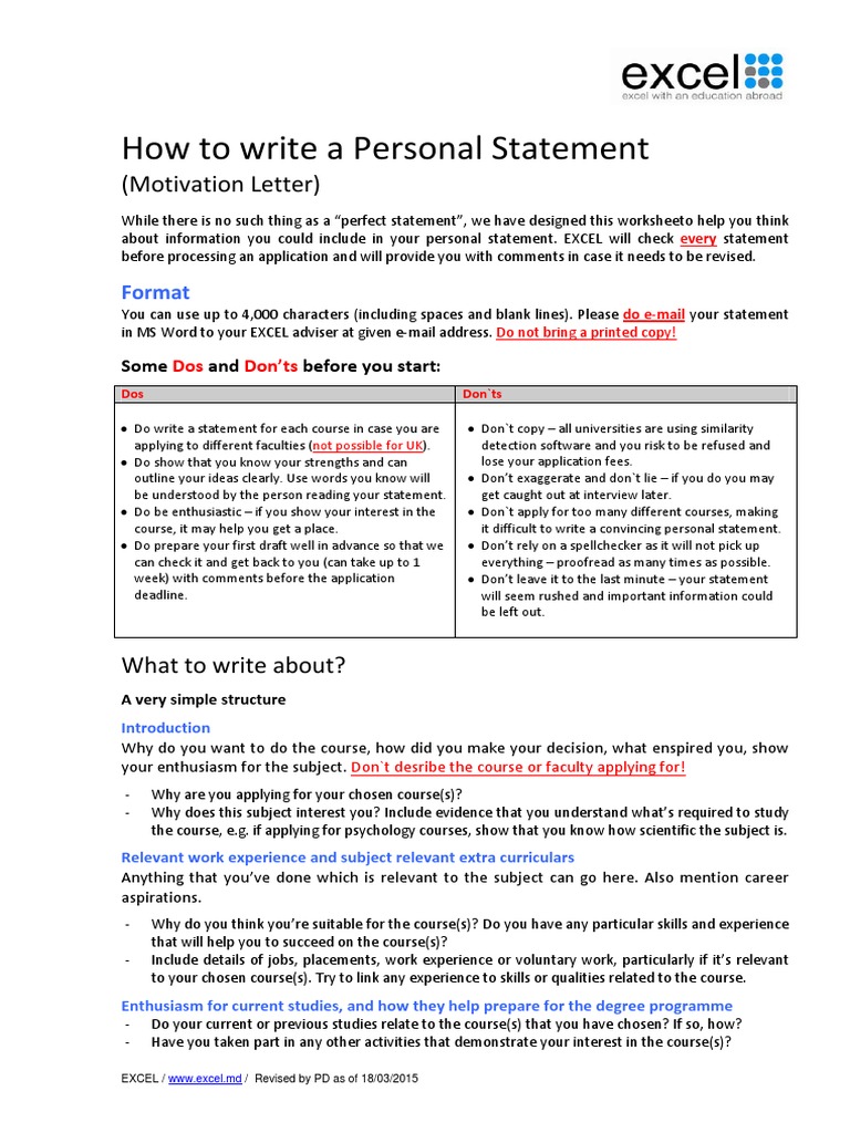 Personal Statement Writing Guide | PDF | Economics | Motivation