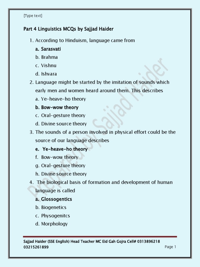 Part 4 Linguistics MCQs: A Collection of Multiple Choice Questions on ...
