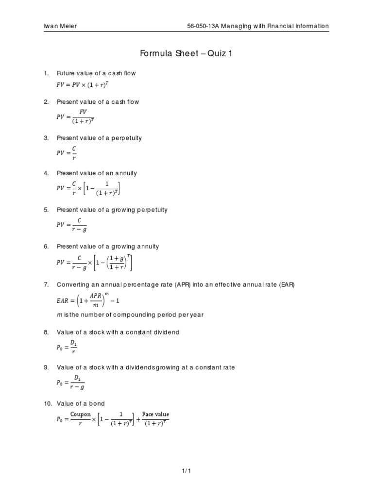 Formula Sheet - Quiz 1 | PDF