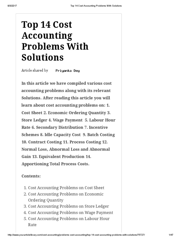 Top 14 Cost Accounting Problems With Solutions | PDF | Cost Accounting ...