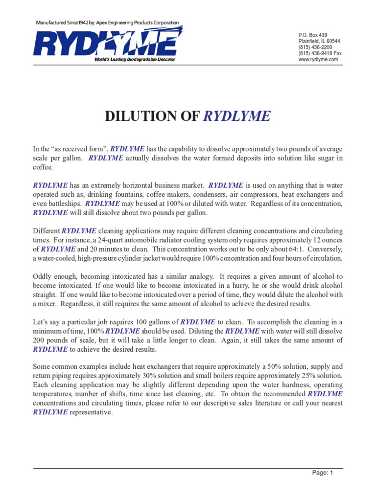 Dilution Guidelines and Applications for the Scale Remover RYDLYME ...