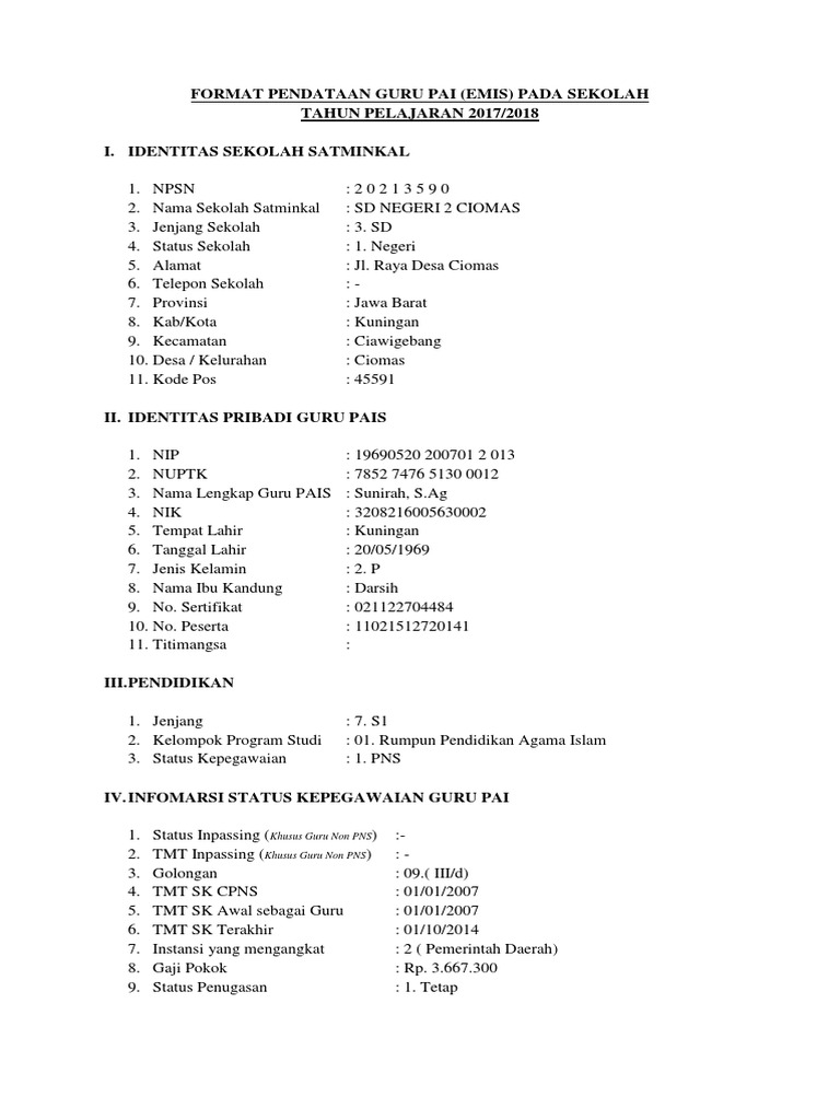 Format Pendataan Guru Pai | PDF