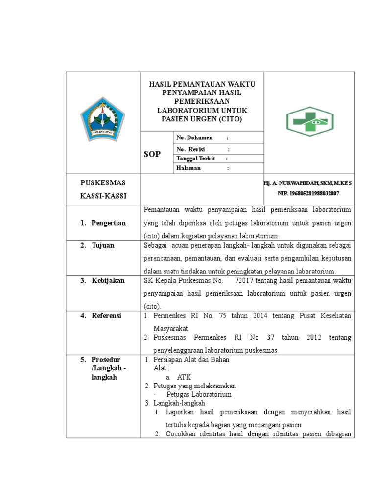 8.1.3.2 Sop Hasil Pemantauan Waktu Hasil Pemeriksaan Lab Untuk Pasien ...