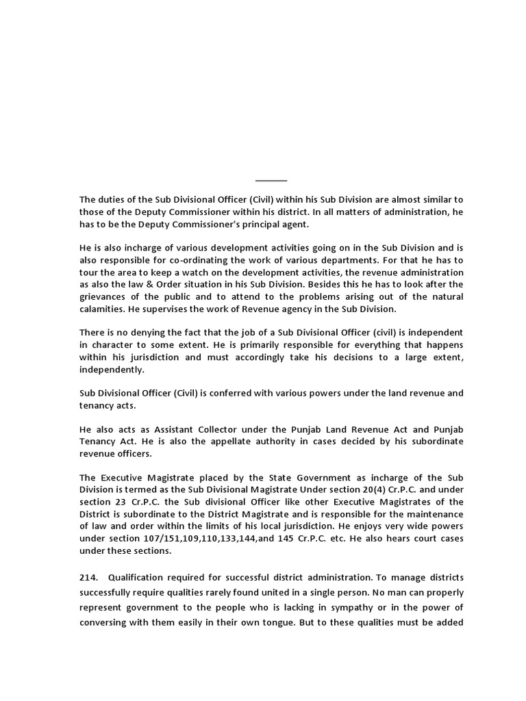 Duties and Powers of Sub Divisional Officer | PDF | Magistrate | Government