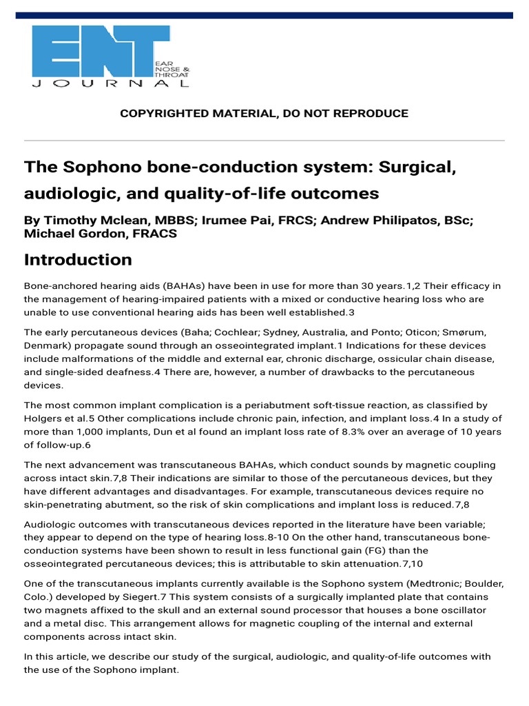 Sophono Bone Conduction System Surgical Audiologic and Quality Life ...