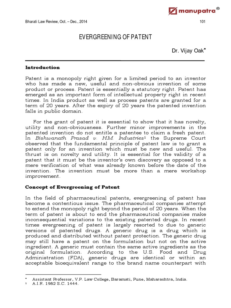 Evergreening of Patent: Dr. Vijay Oak | PDF | Generic Drug | Patent