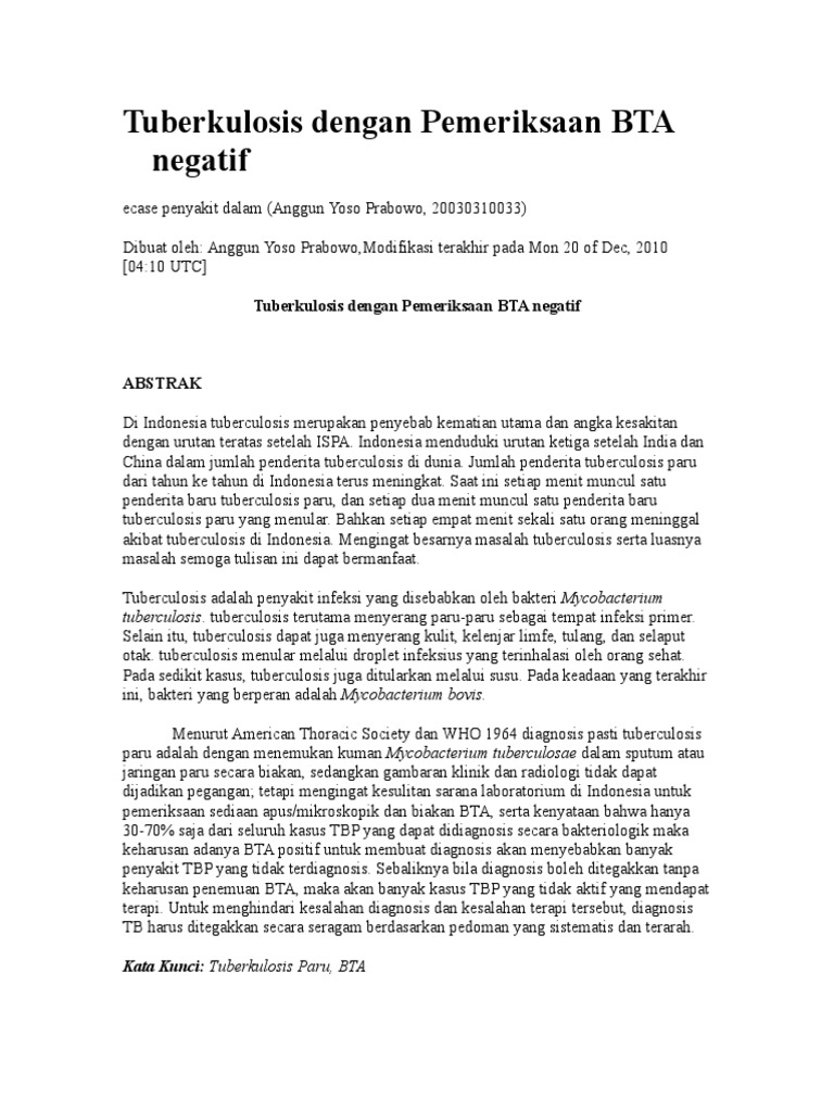 Tuberkulosis Dengan Pemeriksaan BTA Negatif | PDF